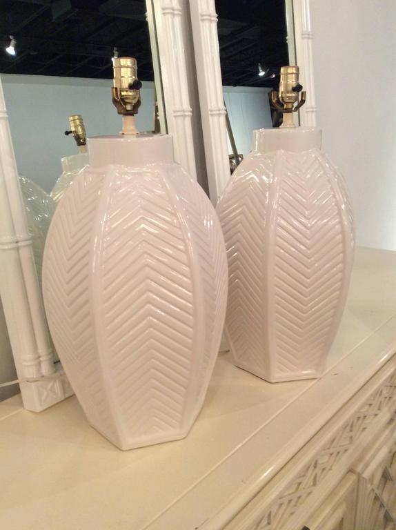 Pair of Vintage Oversized White Ceramic Chevron Table Lamps, Hollywood ...