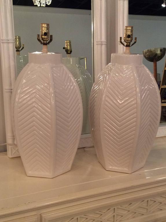 Pair of Vintage Oversized White Ceramic Chevron Table Lamps, Hollywood ...