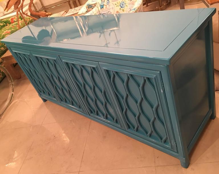 Lacquered Credenza Buffet Sideboard Blue Teal Dresser Hollywood Regency ...