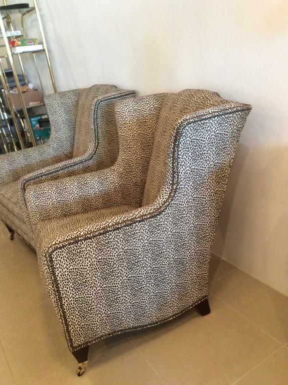 Pair Wingback Animal Print Chairs Nailhead Club Lounge Armchairs by ...