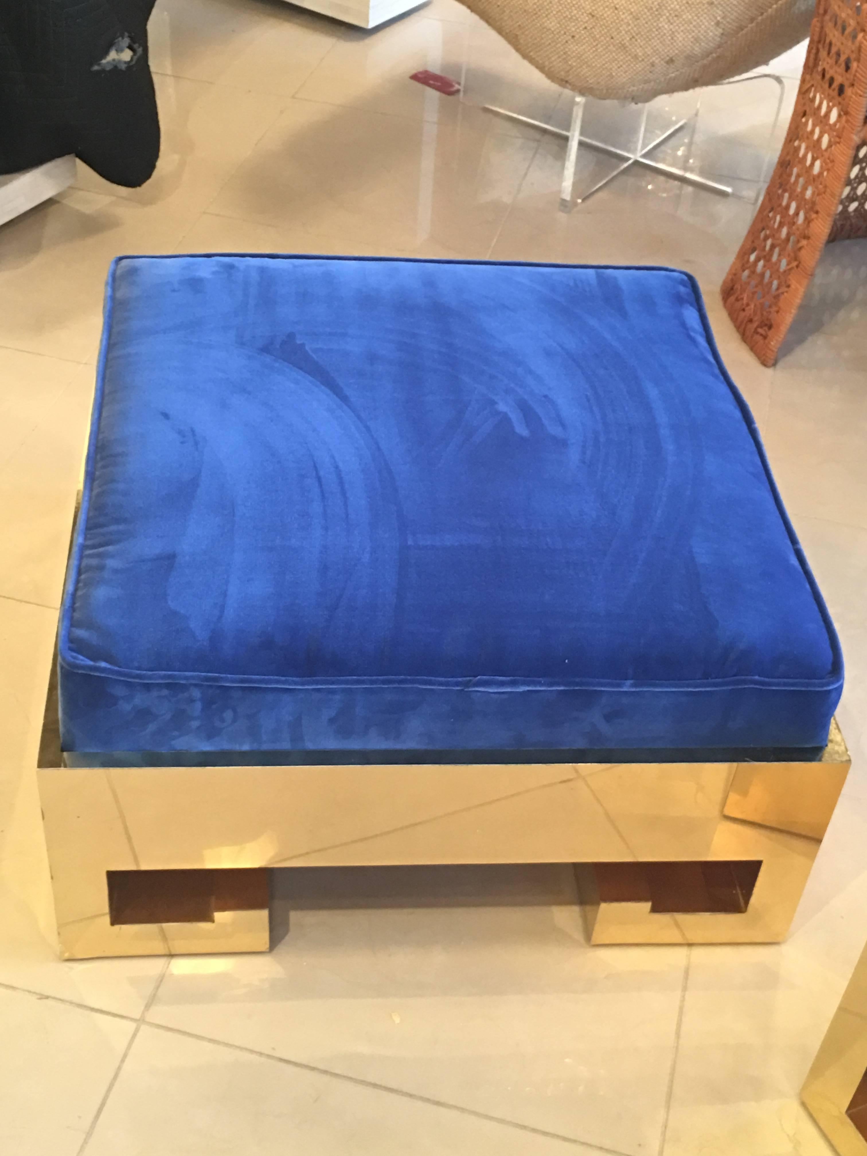 Pair of Greek Key Gold Brass Ottomans Stools Benches Blue Velvet ...