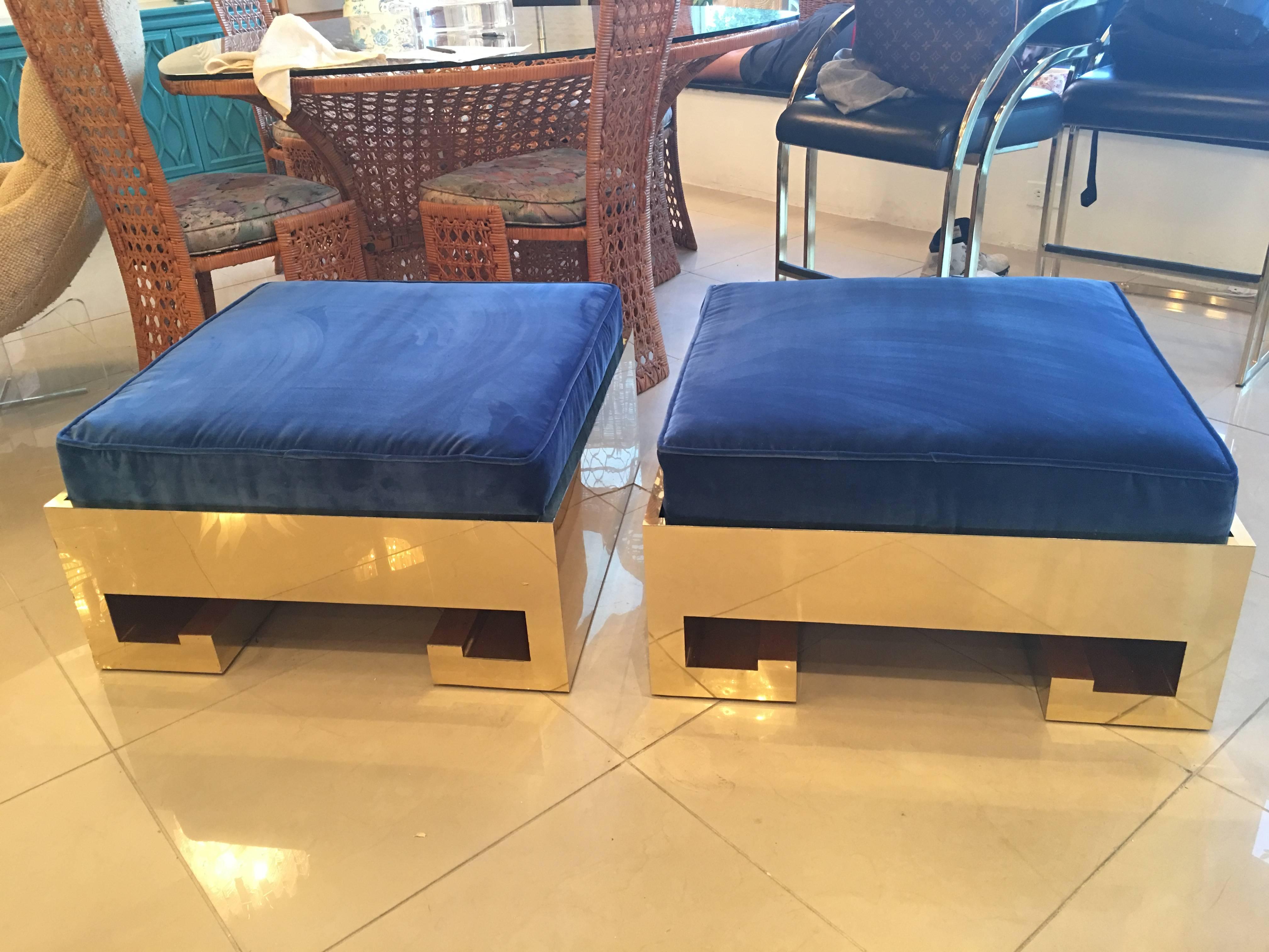 Pair of Greek Key Gold Brass Ottomans Stools Benches Blue Velvet ...