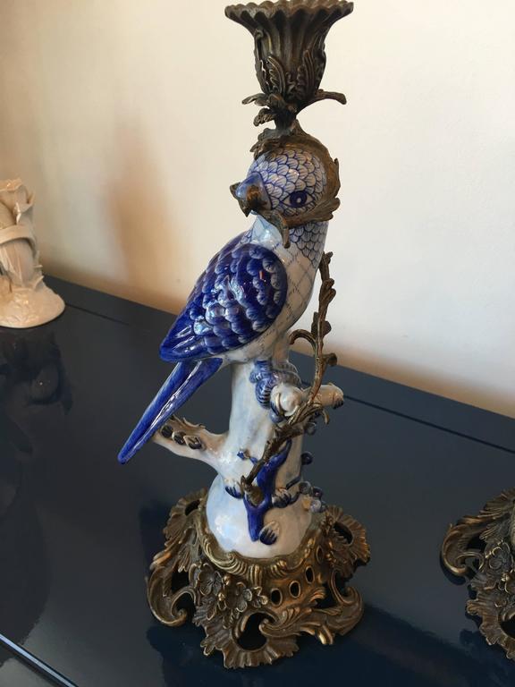 Pair Large Ceramic Blue Parrot Birds Candleholders Brass Tropical ...