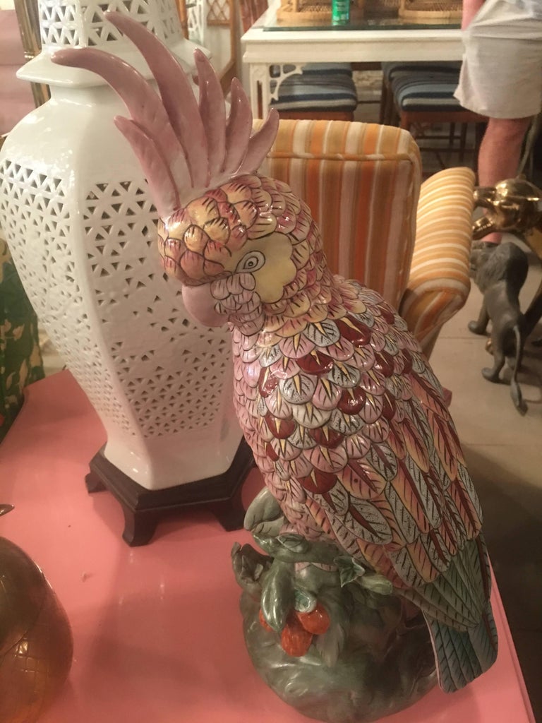 Tropical Palm Beach Pink Porcelain Parrot Bird Statue at 1stDibs
