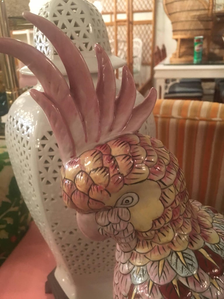 Tropical Palm Beach Pink Porcelain Parrot Bird Statue at 1stDibs