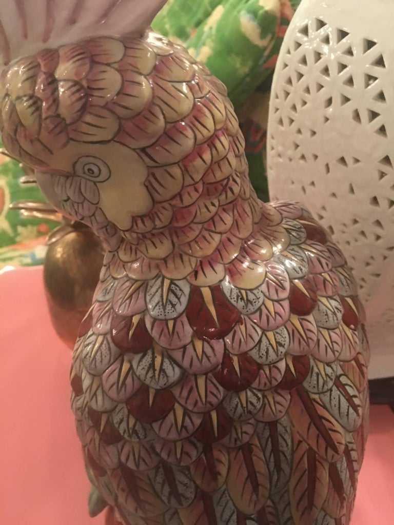 Tropical Palm Beach Pink Porcelain Parrot Bird Statue at 1stDibs