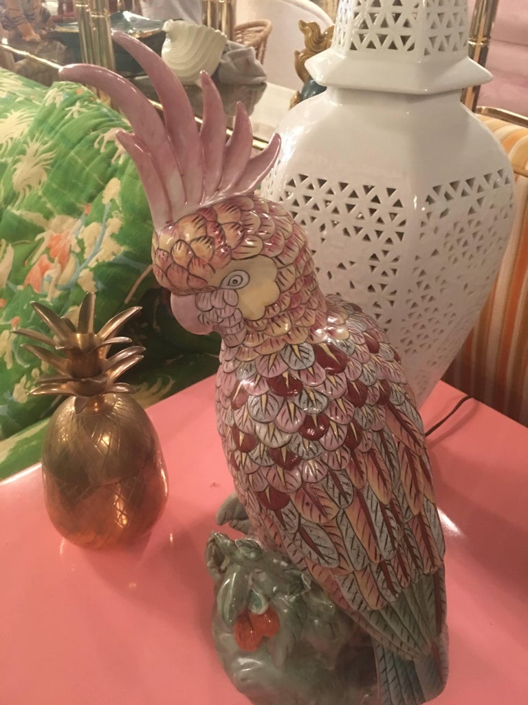 Tropical Palm Beach Pink Porcelain Parrot Bird Statue at 1stDibs