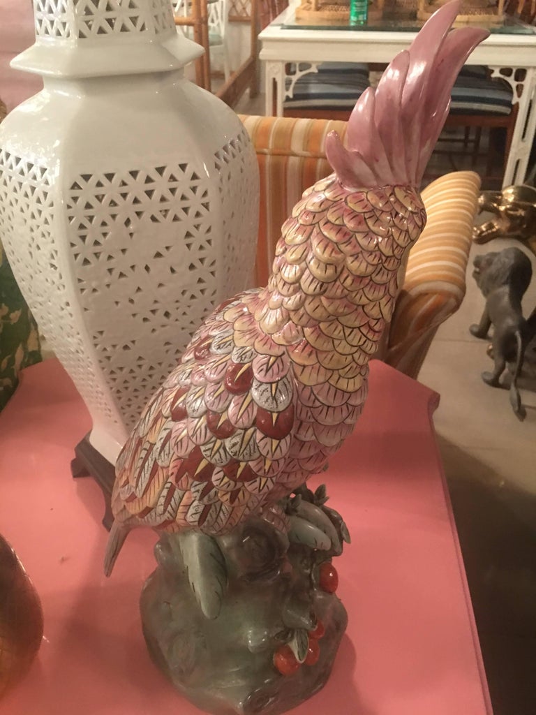 Tropical Palm Beach Pink Porcelain Parrot Bird Statue at 1stDibs