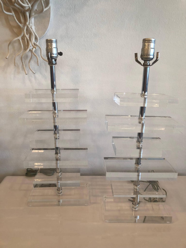 Vintage Pair of Stacked Lucite and Chrome Table Lamps, Signed Marla For ...