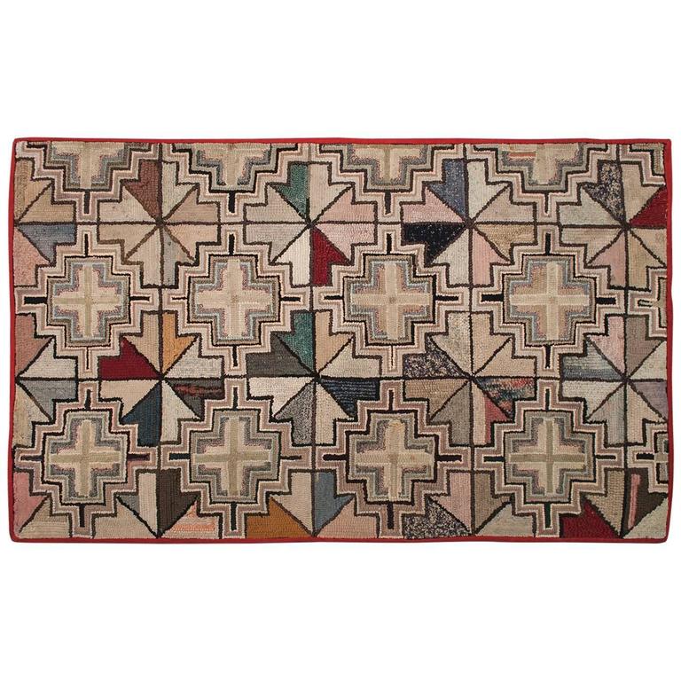 Early 20th Century Graphic American Primitive Folk Art Hooked Rug at ...