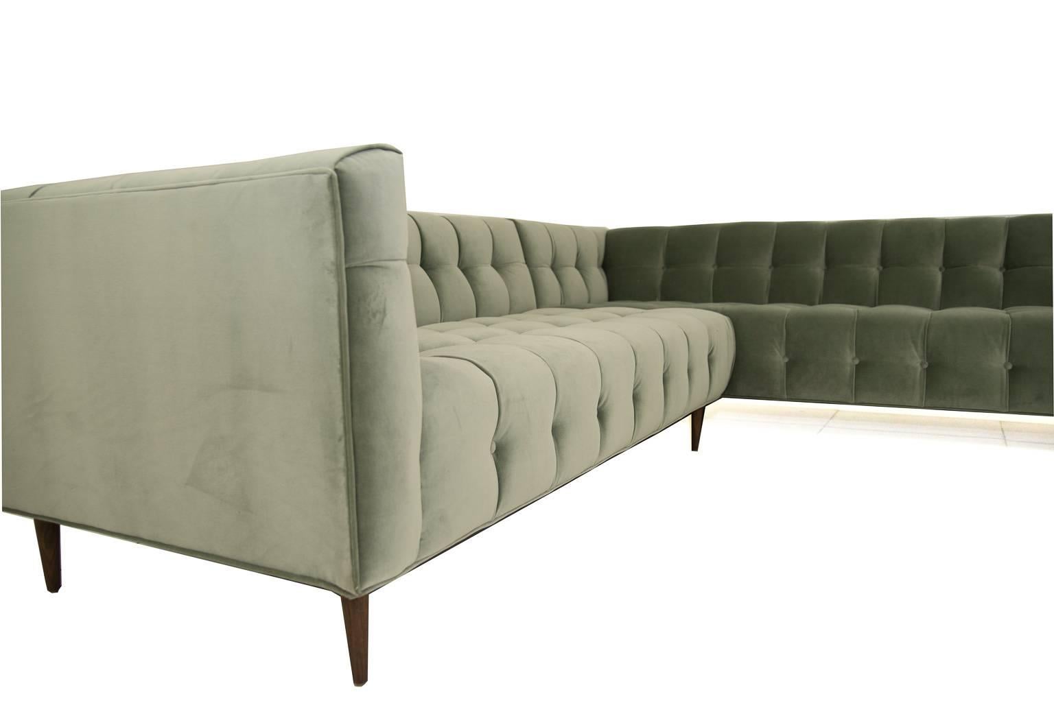 Mid-Century Style Delano Sectional Tufted in Sage Velvet w/ Walnut Cone ...