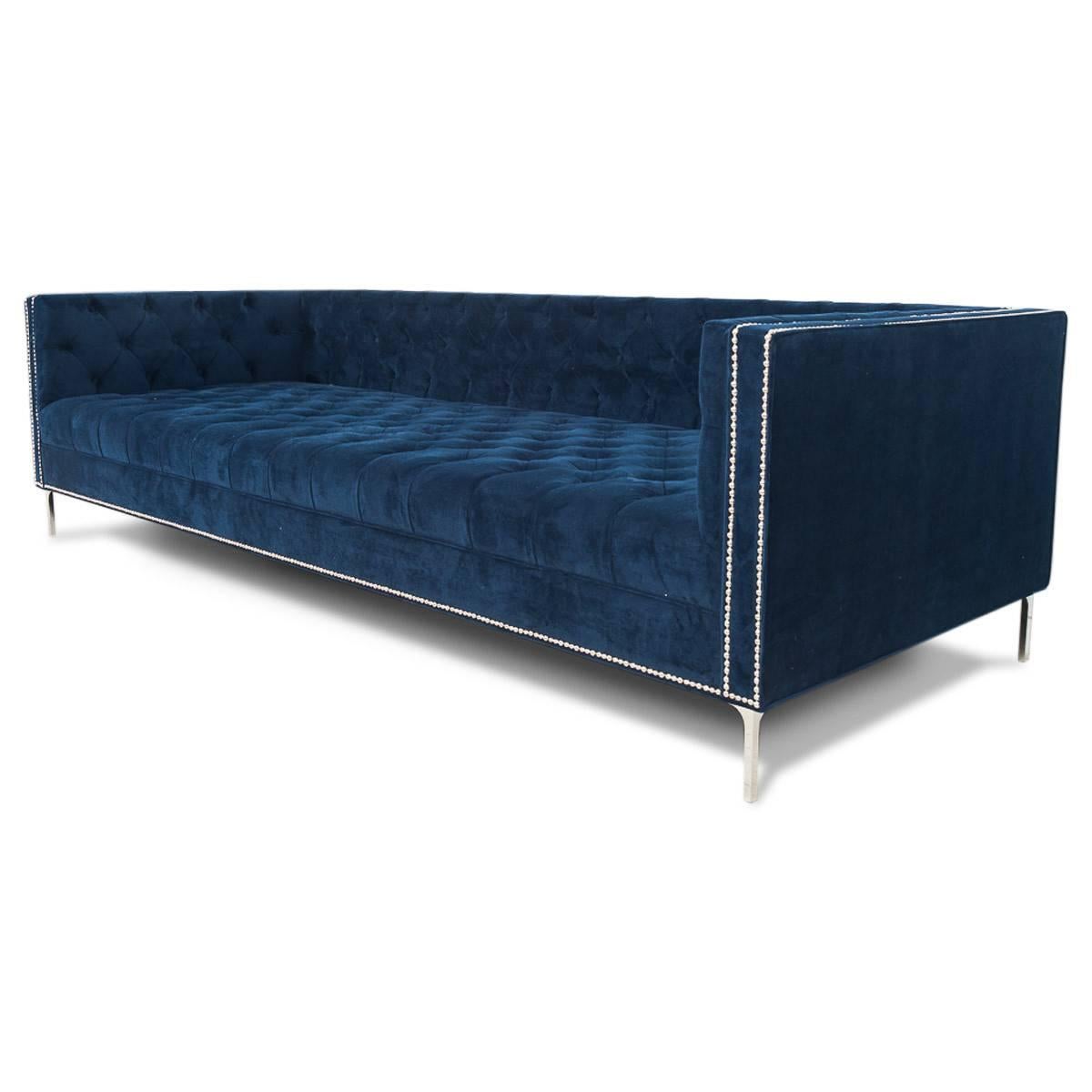Extra Deep Mid-Century Style Sofa Hand Tufted in Navy Velvet w/ Chrome ...