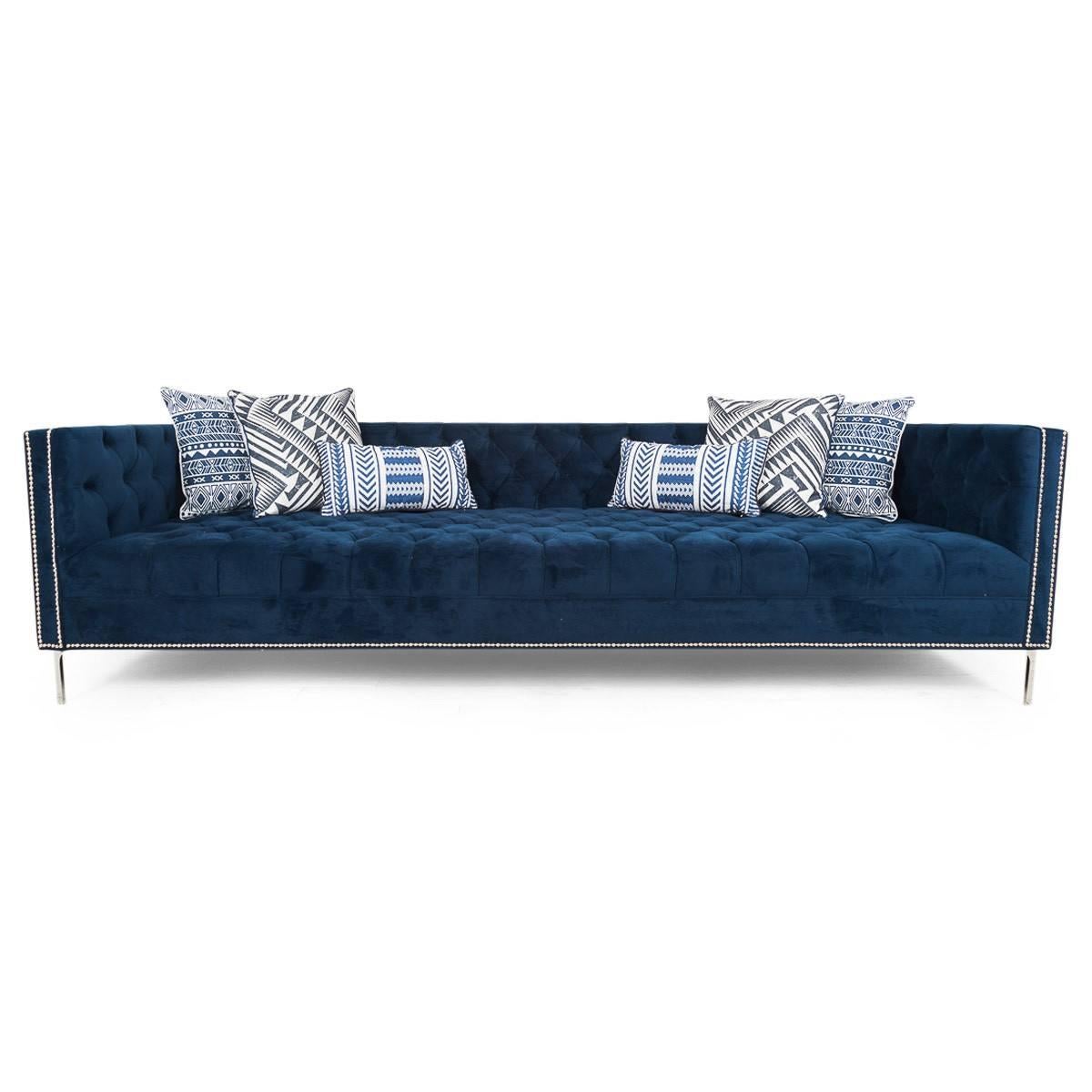 Extra Deep Mid-Century Style Sofa Hand Tufted in Navy Velvet w/ Chrome ...