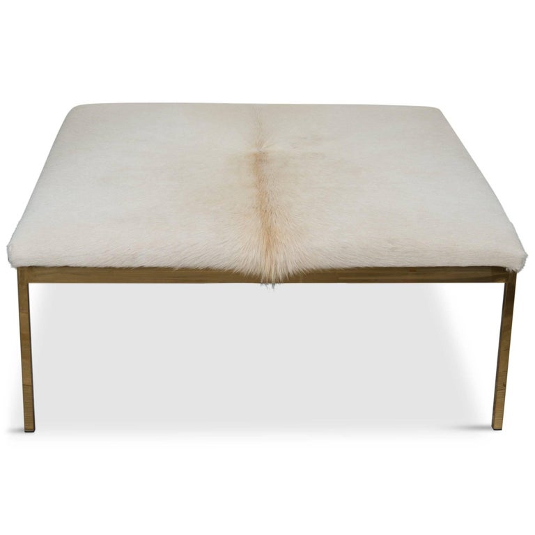 Modern Simple Style Square Ottoman with off White Cowhide and Brass ...