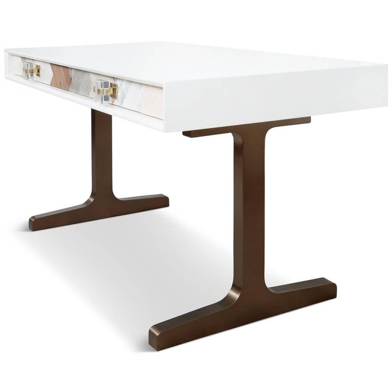 White Desk with Walnut, Hickory and Oak Reclaimed Woods Accents Copper ...