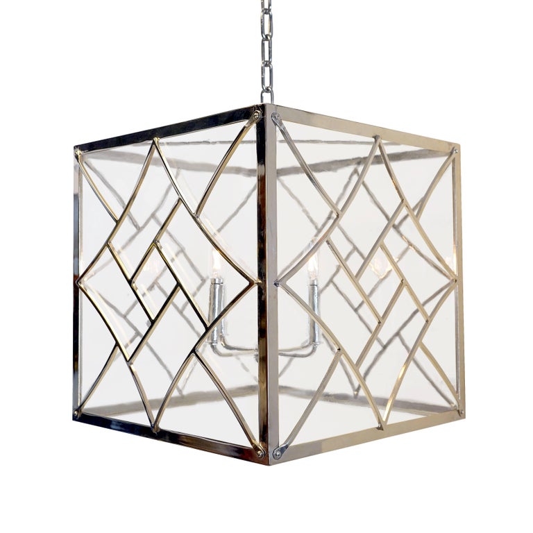 Contemporary Cube Shaped Pendant, Polished Nickel and Antique Style ...