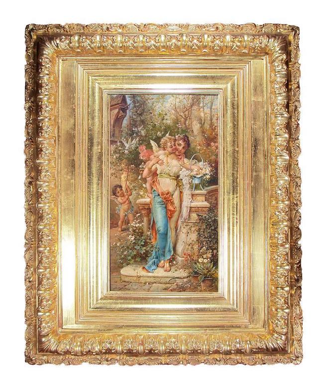 Hans Zatzka, Austrian Oil on Canvas Titled "Spring Love" Maiden with ...