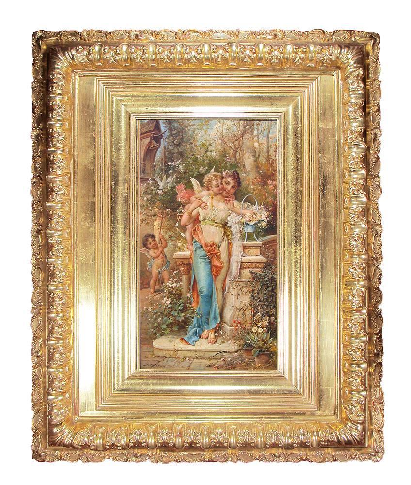 Hans Zatzka, Austrian Oil on Canvas Titled "Spring Love" Maiden with ...