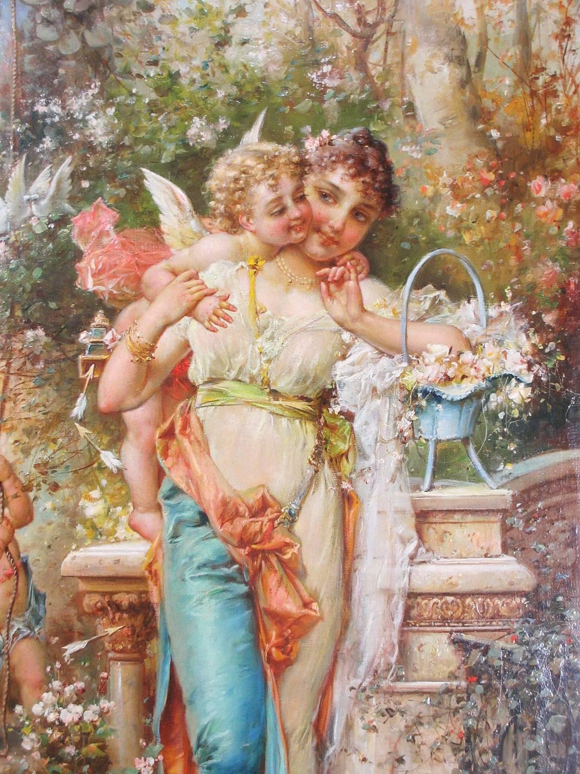 Hans Zatzka, Austrian Oil on Canvas Titled "Spring Love" Maiden with ...