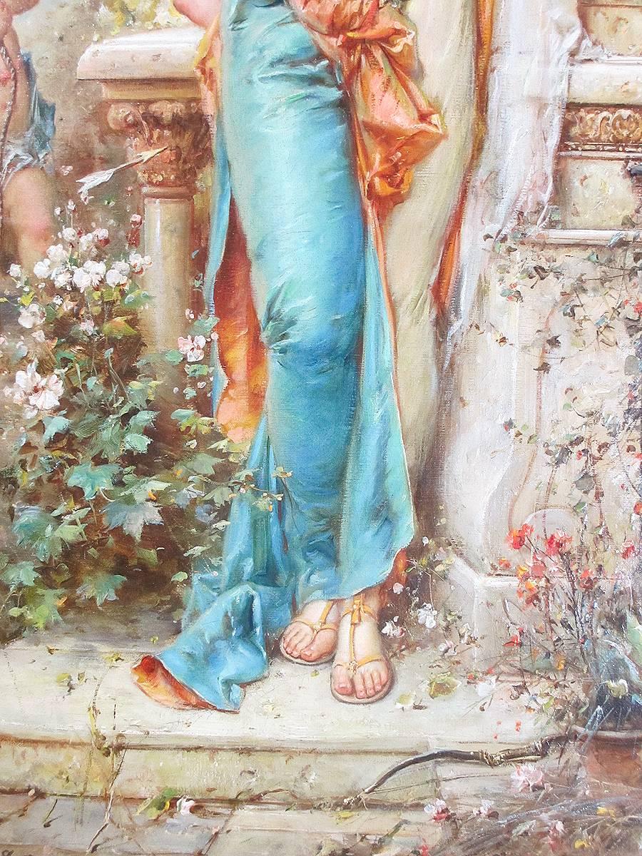 Hans Zatzka, Austrian Oil on Canvas Titled "Spring Love" Maiden with ...