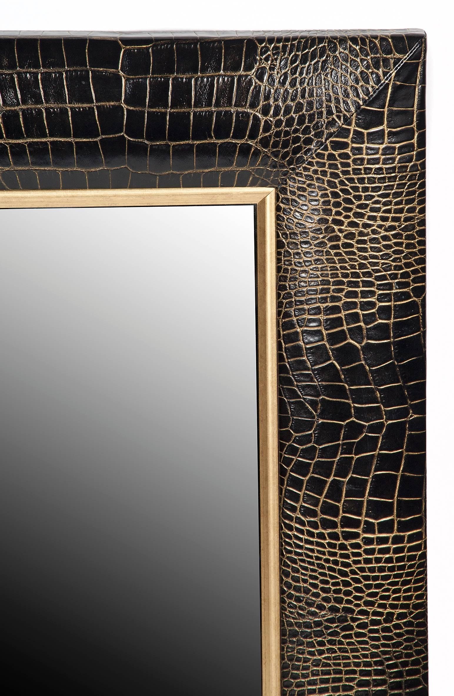 Classic Black Croc Leather Framed Mirror with Hand Painter Gold Tippin ...