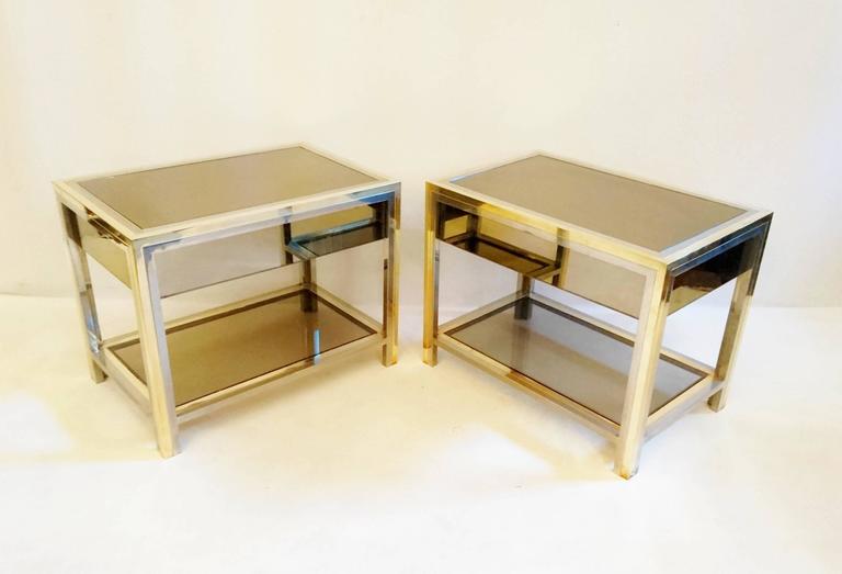 Pair of Mirrored Side Tables in Brass and Chrome at 1stDibs