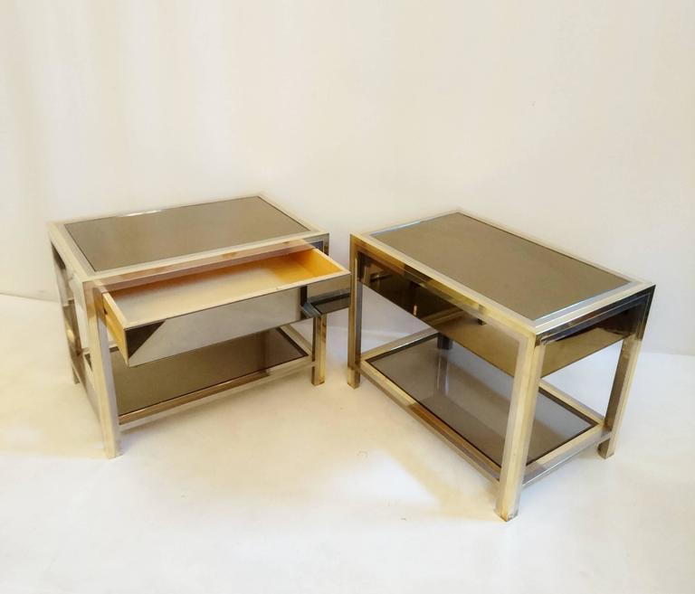 Pair of Mirrored Side Tables in Brass and Chrome at 1stDibs