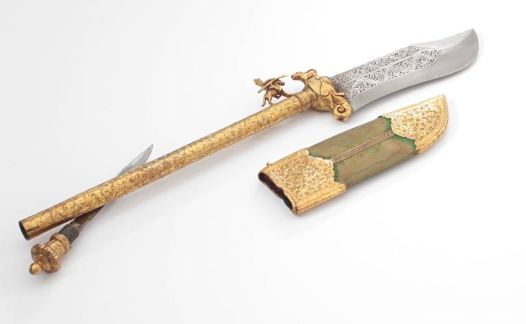 Extraordinary Bhuj Axe in Gold and Steel with Inlaid Silver Decoration ...
