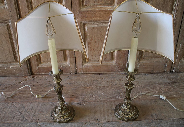 Pair of Brass Candlestick Lamps with Parchment Shades For Sale at 1stDibs
