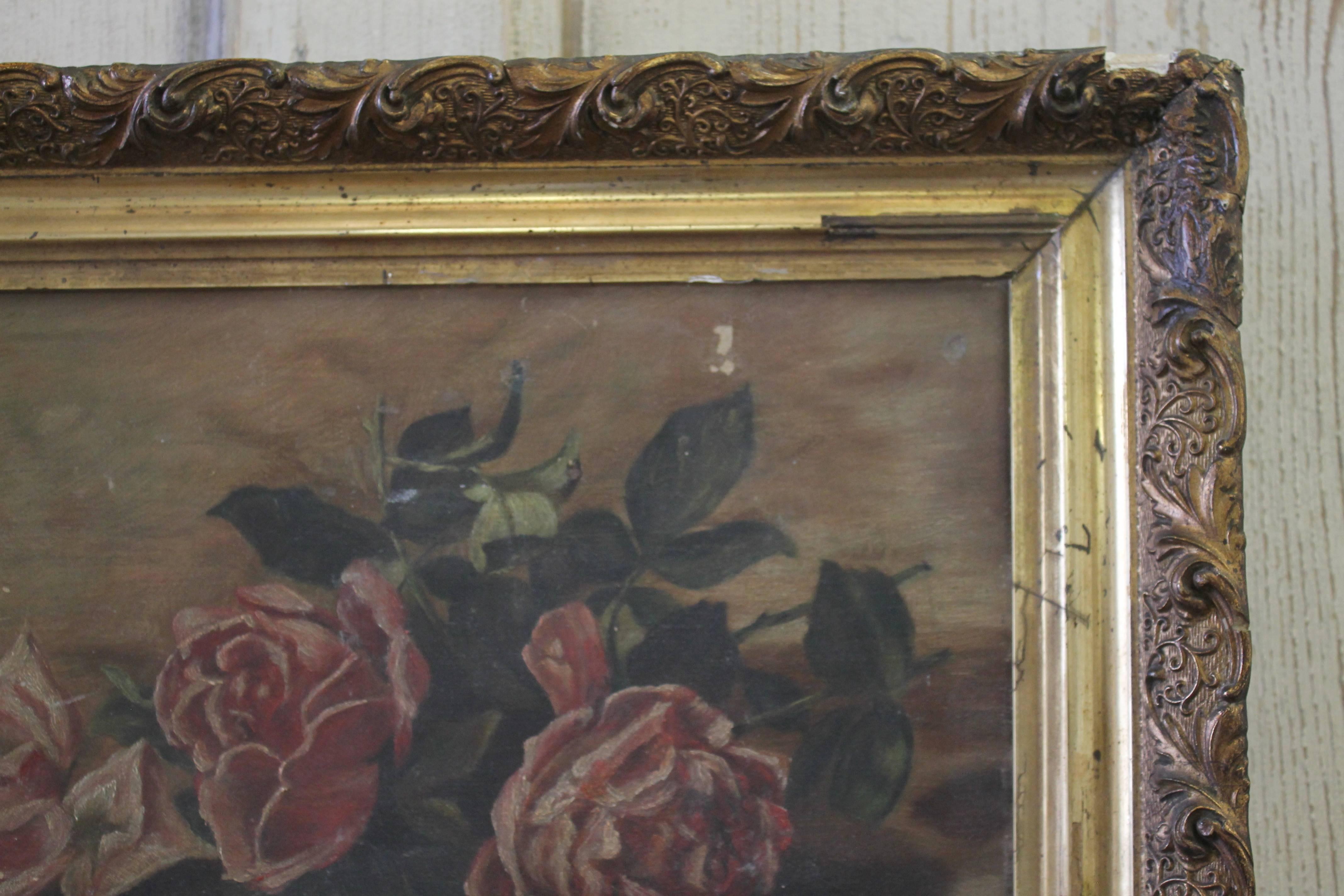 Antique Roses Oil on Canvas Painting in Giltwood Frame at 1stDibs ...
