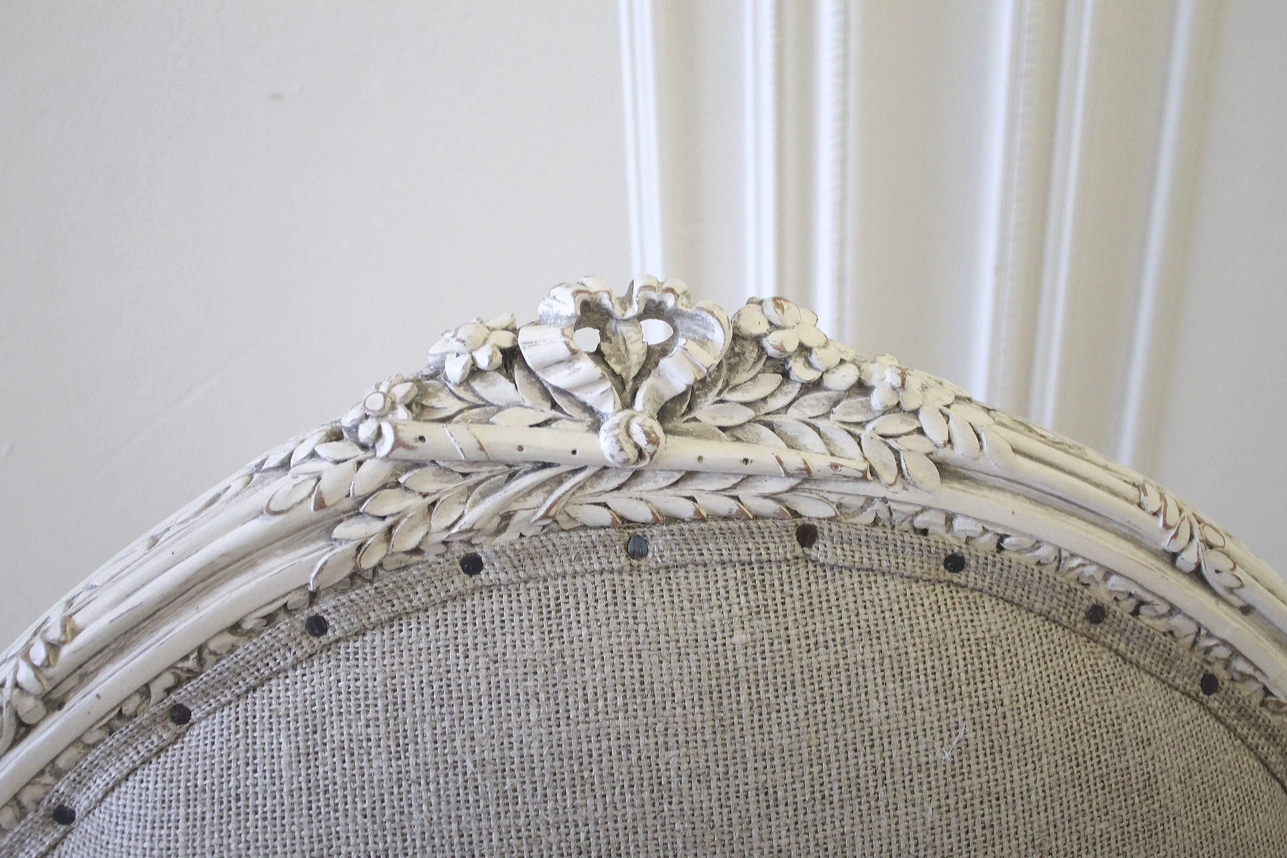 Louis XVI Style French Painted Armchairs in Nubby Linen at 1stDibs