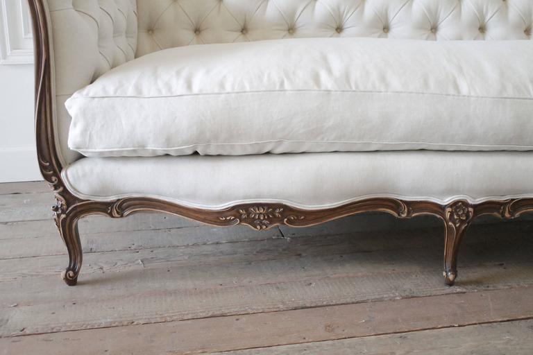 Antique French Louis XV Style Button Tufted Sofa in Organic Belgian ...