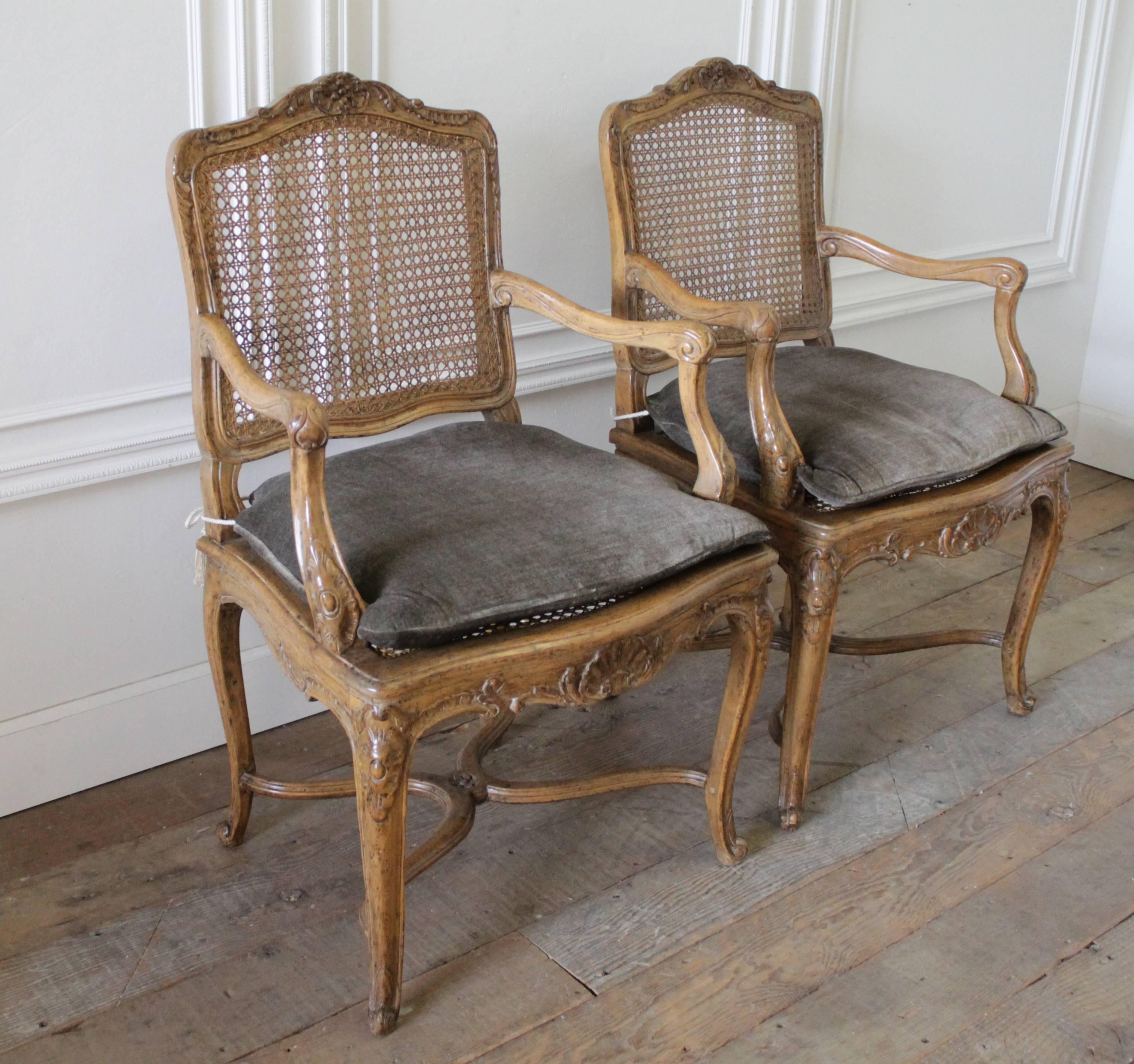 Pair of French Cane Fauteuils with Mushroom Velvet Cushions at 1stDibs