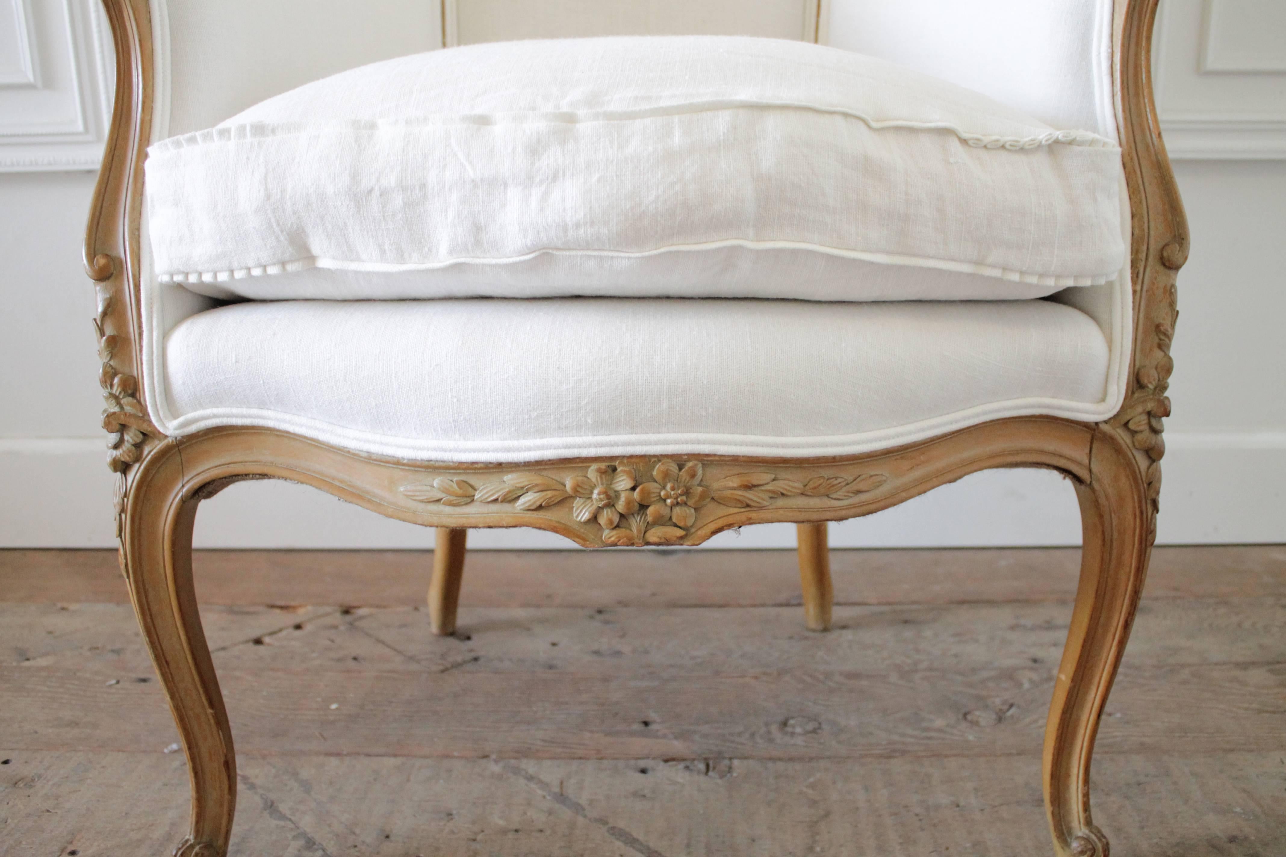Antique French Louis XV Style Wingback Chair in White Linen at 1stDibs ...