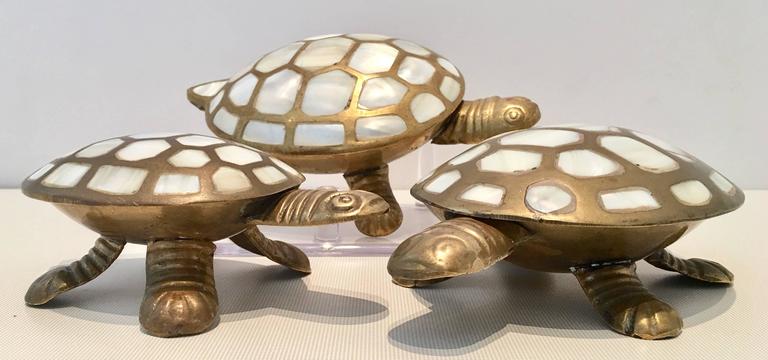 S/3 Vintage Brass and Mop Inlay Sculptural Turtle Boxes at 1stDibs