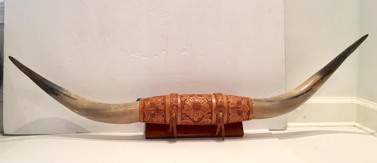 Vintage Wall-Mounted Tool Leather Wrapped Texas Stag Horns at 1stDibs