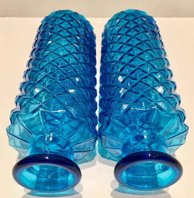 Pair of Vintage Italian Empoli Azure Diamond Cut-Glass Decanters at 1stDibs