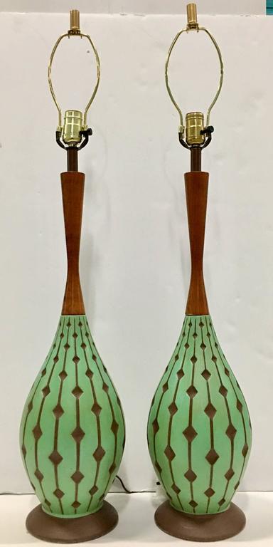 Mid-Century Modern Ceramic and Walnut Hand Painted Bowling Pin Lamp Pai ...