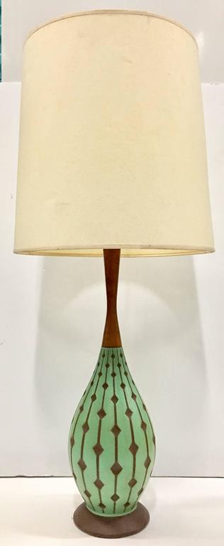 Mid-Century Modern Ceramic and Walnut Hand Painted Bowling Pin Lamp Pai ...
