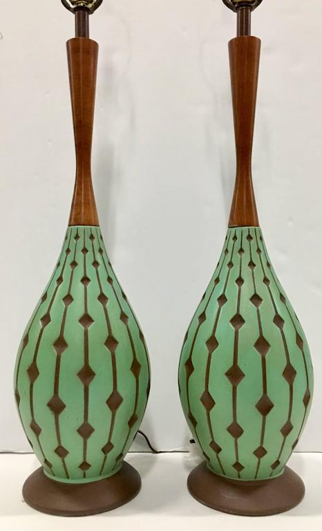 Mid-Century Modern Ceramic and Walnut Hand Painted Bowling Pin Lamp Pai ...