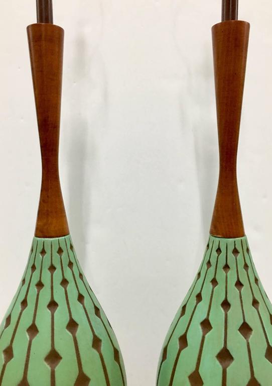 Mid-Century Modern Ceramic and Walnut Hand Painted Bowling Pin Lamp Pai ...