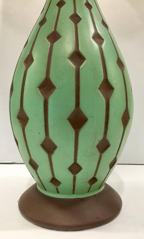 Mid-Century Modern Ceramic and Walnut Hand Painted Bowling Pin Lamp Pai ...