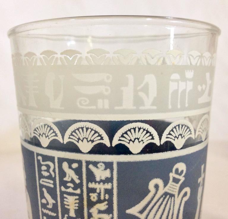 Mid-Century Egyptian Gods Motif French Blue Optic Drinking Glasses, Set ...