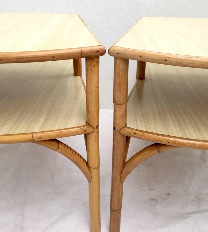 Mid-Century Rattan and Laminate Top Two-Tier Side Table, Pair For Sale ...