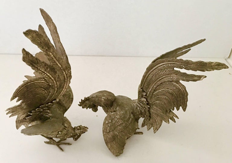 Antique French Pair of Silver Plated "Fighting" Cockerels Sculptures at ...