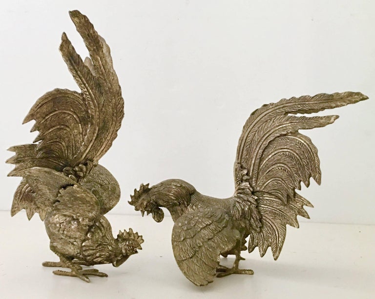 Antique French Pair of Silver Plated "Fighting" Cockerels Sculptures at ...