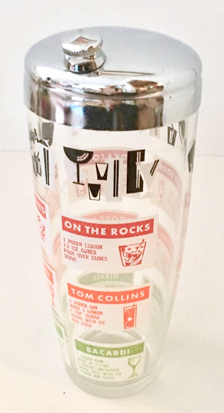 Vintage Modern Printed Glass And Chrome Recipe Cocktail Shaker At 1stdibs