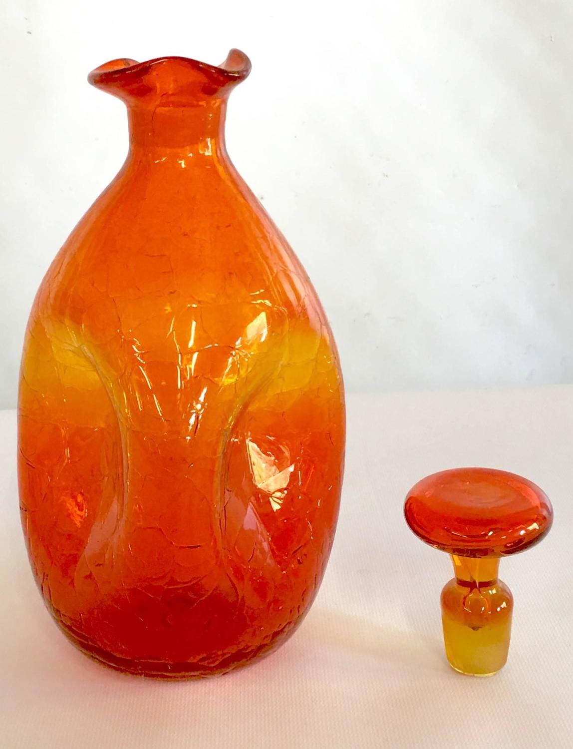 1950s Blenko Crackle Glass Pinched Amberina Decanter For Sale at 1stdibs