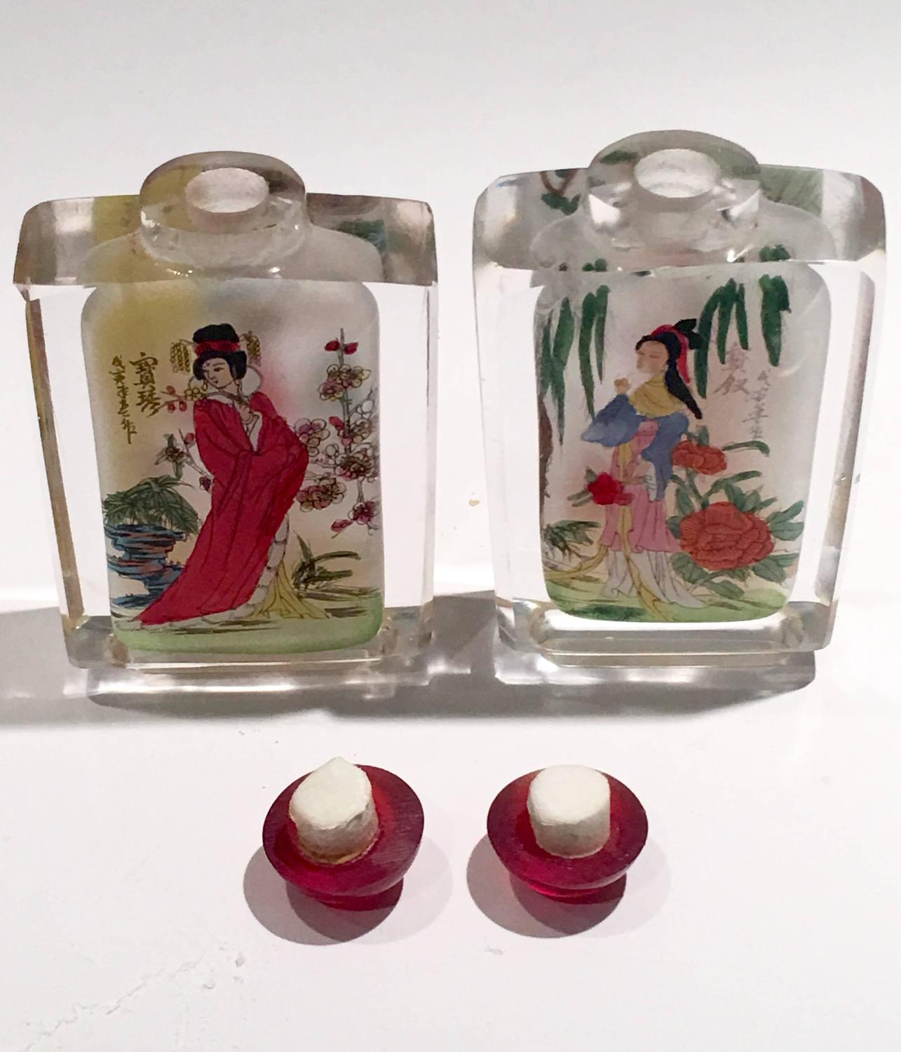 Pair of Antique Chinese Reverse Painted Glass "Geisha" Snuff Bottles at ...