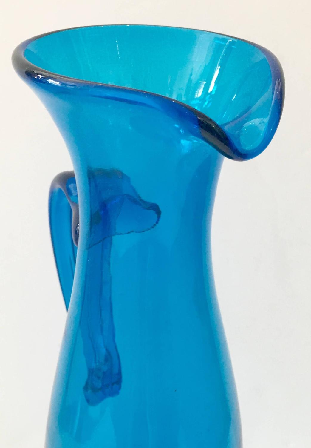 Blenko Glass Tall Blue Spouted and Applied Handle Pitcher For Sale at ...